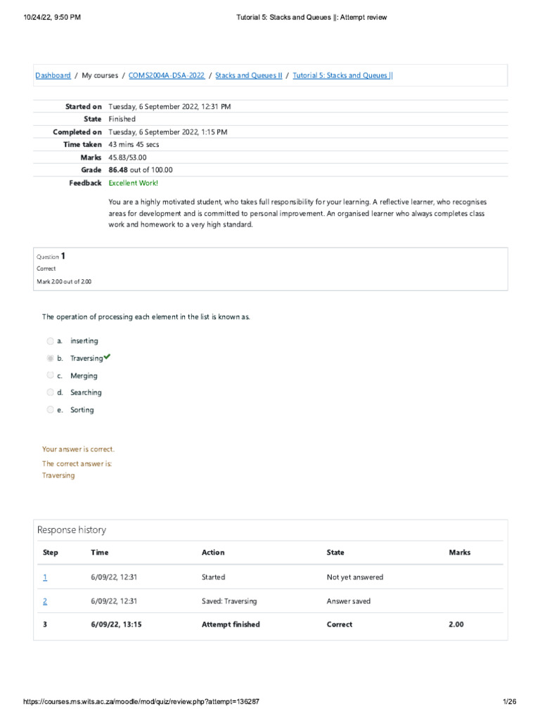 Tutorial 5_ Stacks and Queues ___ Attempt review | PDF
