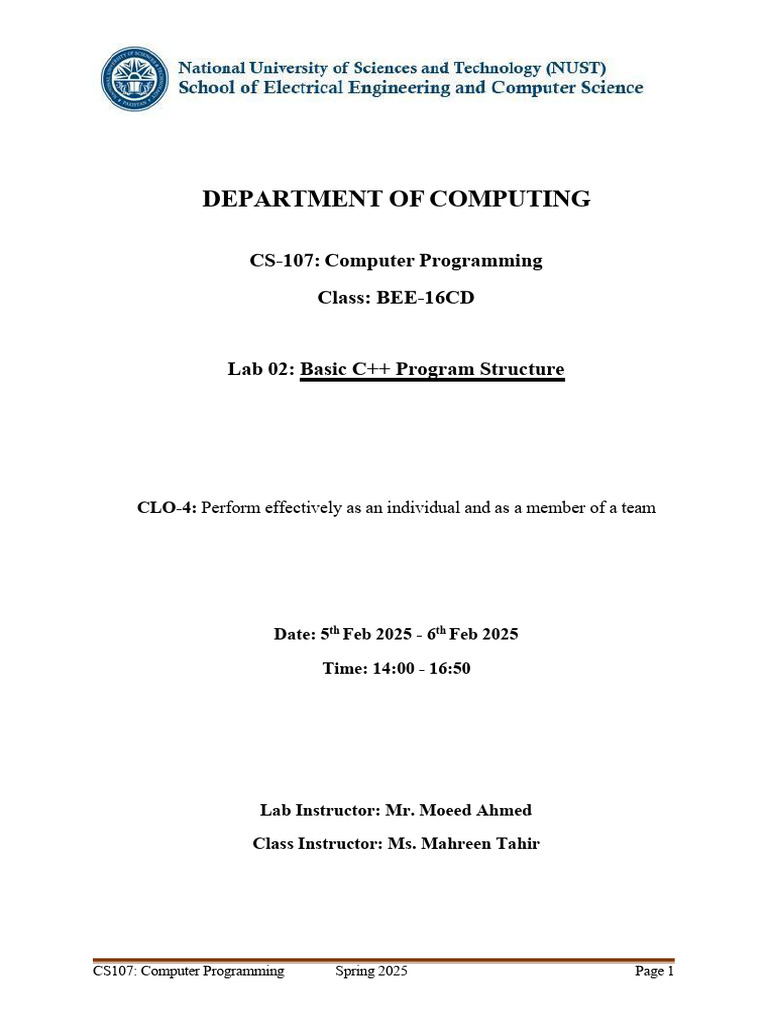 Lab-02 CS-107 BEE16CD | PDF | C++ | Computer Programming