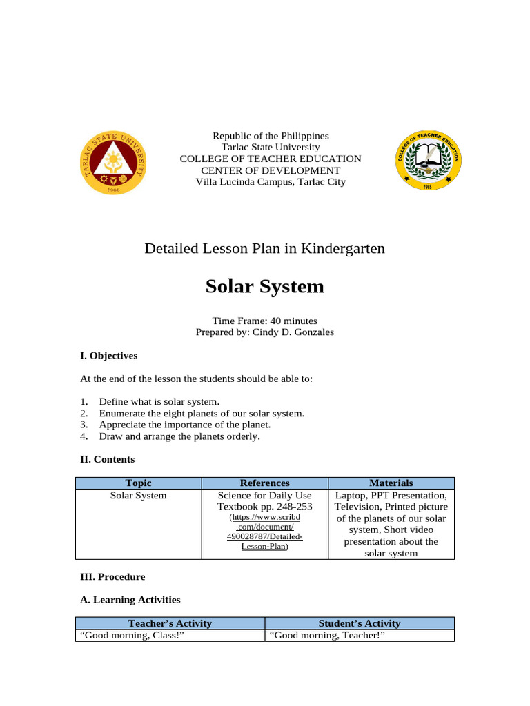 Detailed Lesson Plan Solar System Gonzales | PDF | Planets | Solar System