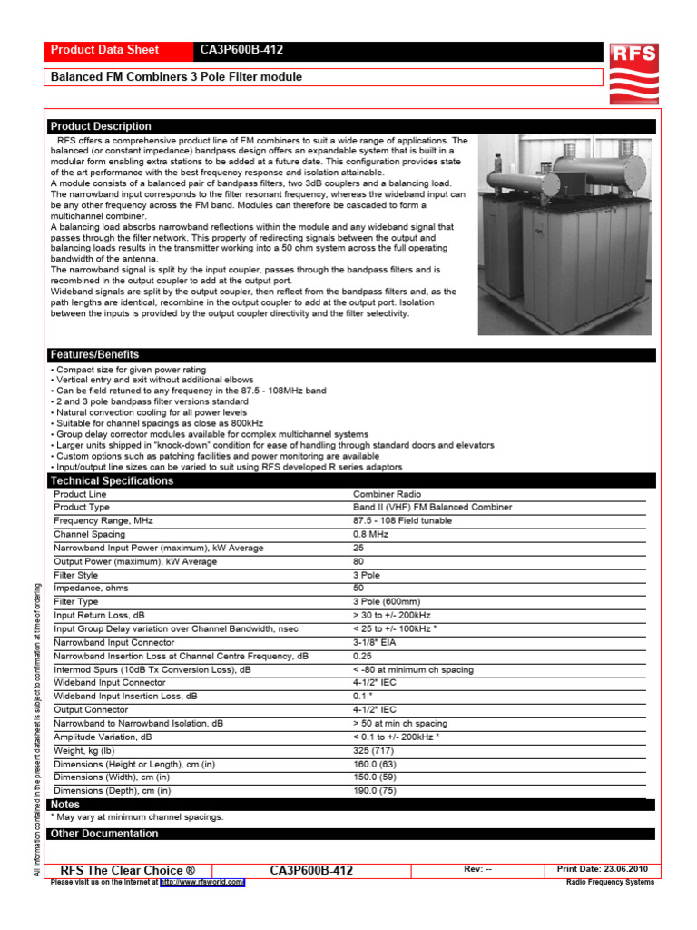 Balanced FM Combiner Data Sheet | PDF | Frequency Modulation | Filter ...