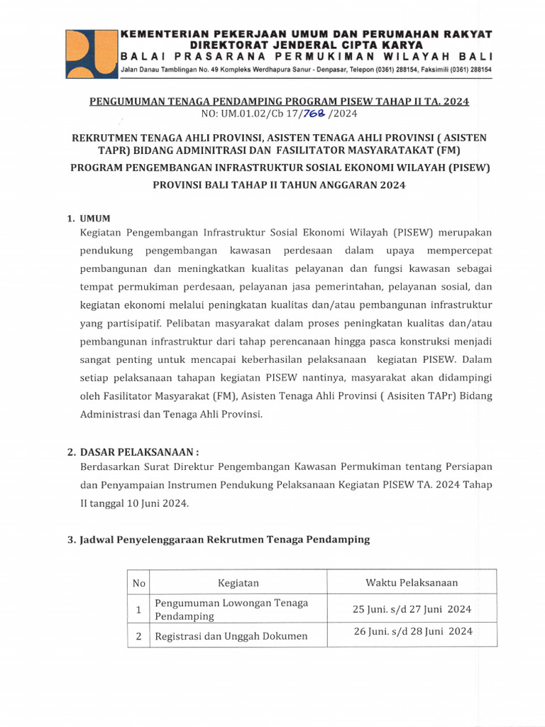 Surat Pengumuman Rekrutmen Tenaga Pendamping Pisew Tahap Ii3 | PDF