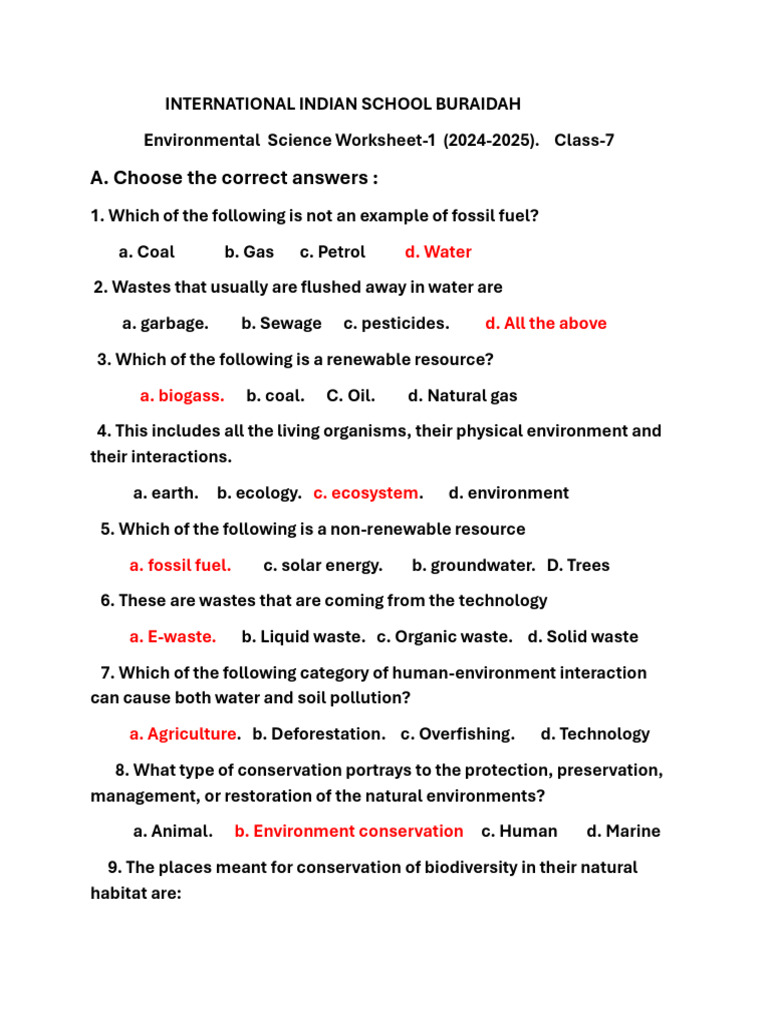 Environmental Science Worksheet-1 Class-7 | PDF | Natural Environment ...