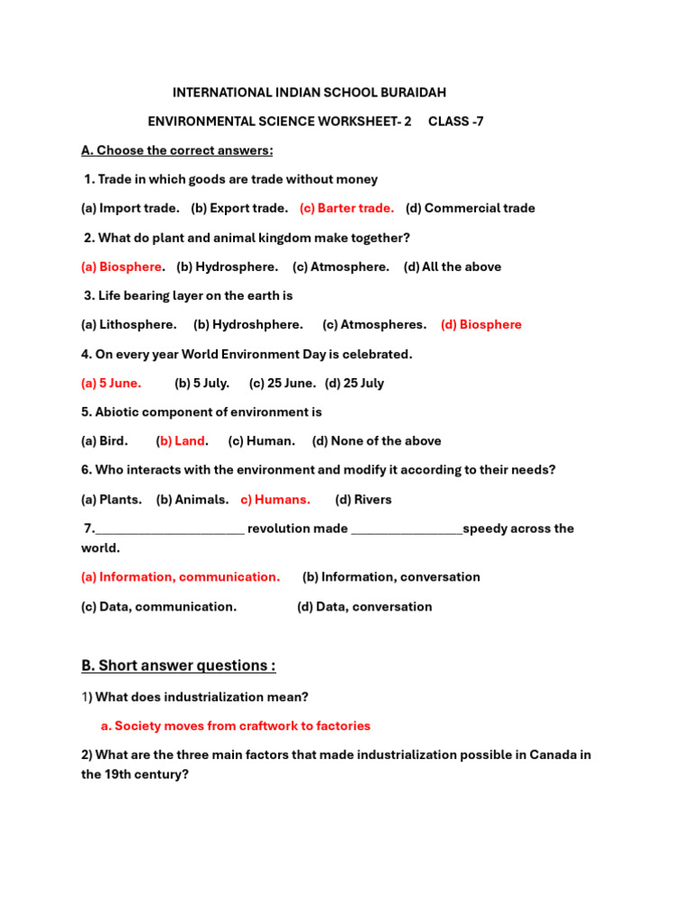 Environmental Science Worksheet-2 Class-7 | PDF | Natural Environment | Economies
