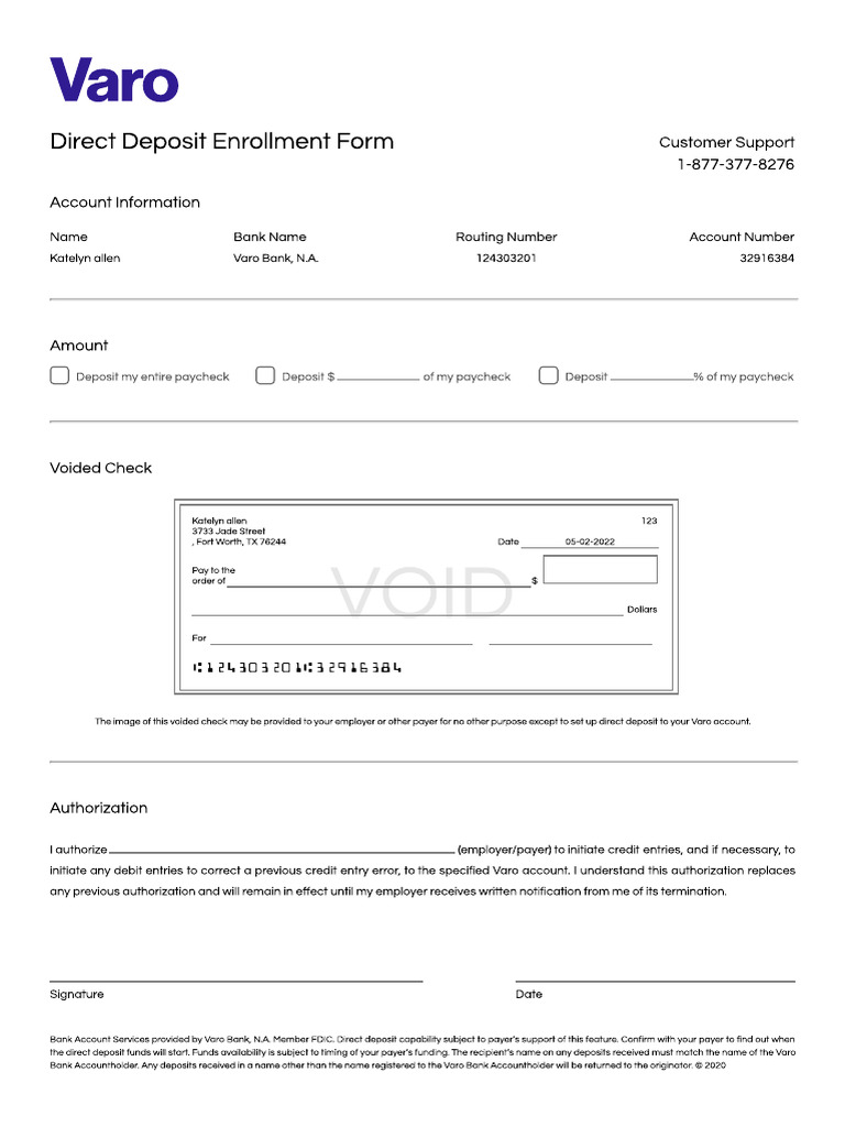 Varo Direct Deposit Form | PDF