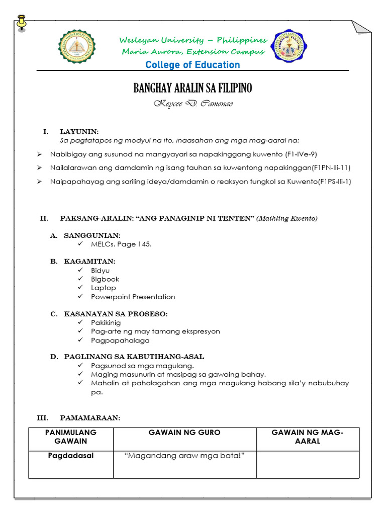 Banghay Aralin Sa Filipino Bigbook | PDF