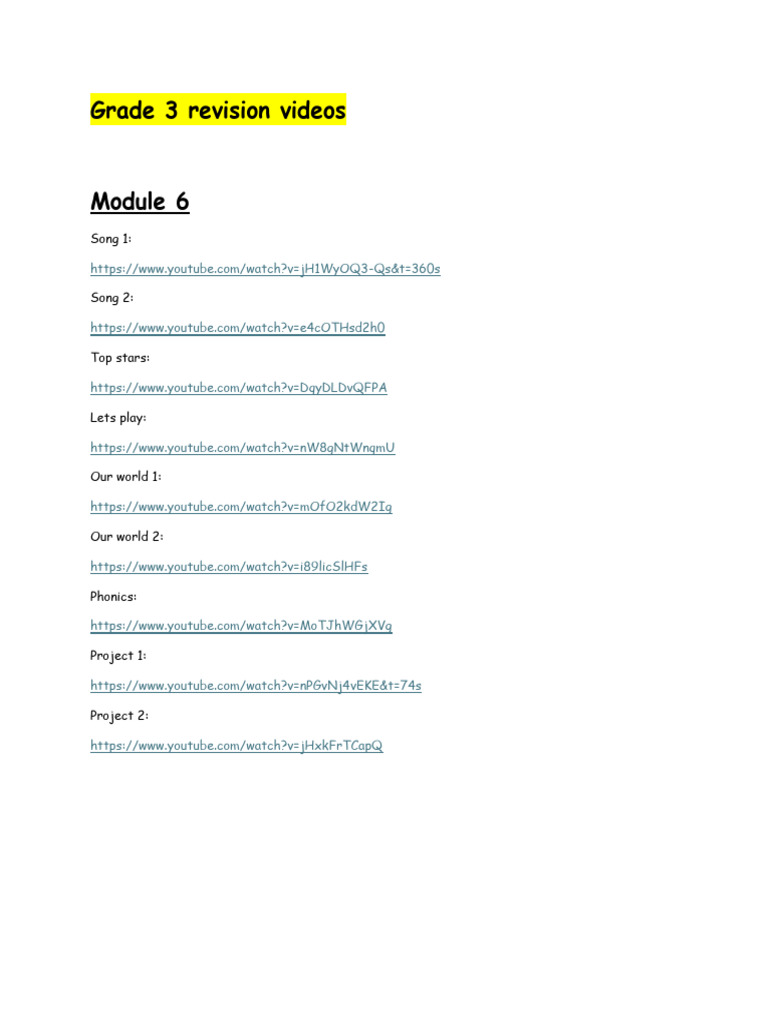 Grade 3 Revision Video Links | PDF