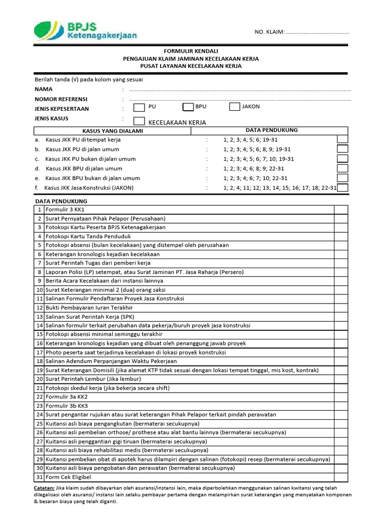Formulir Kendali JKK PLKK | PDF