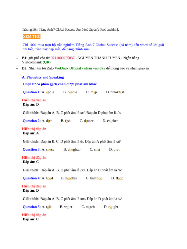 Unit 5 Food and Drink - Trac Nghiem | PDF