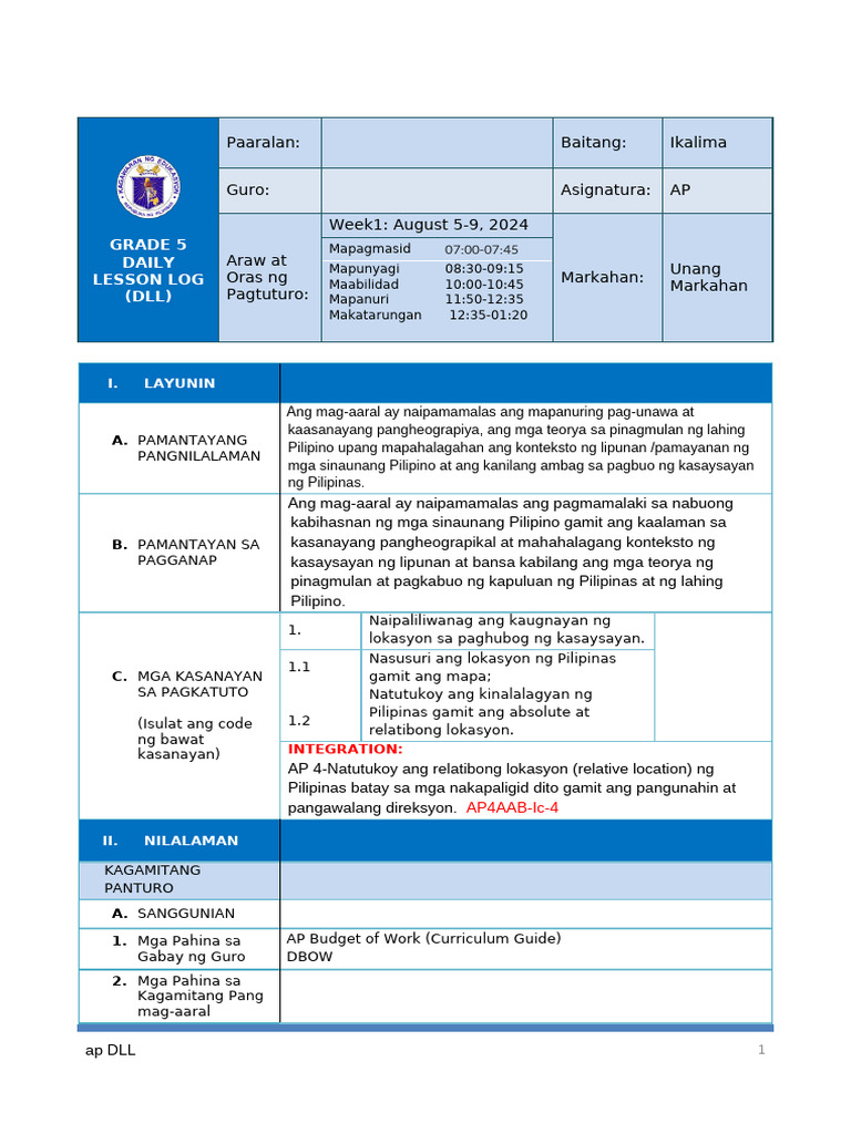 Paaralan: Baitang: Ikalima Guro: Asignatura: AP Week1: August 5-9, 2024 Unang Markahan | PDF