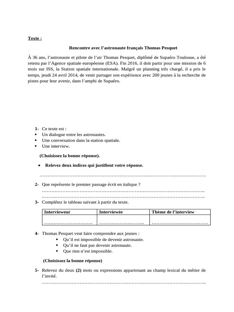 Devoir 1as (Interview) | PDF | Astronautes | Vol