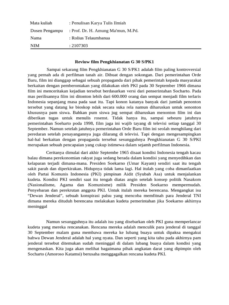 Rolius Telaumbanua_2107303_REVIEW FILM G30 S PKI | PDF