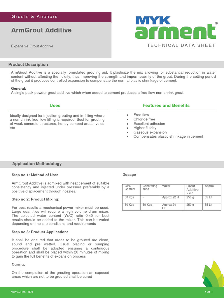 ArmGrout Additive Technical Data Sheet | PDF | Cement | Concrete