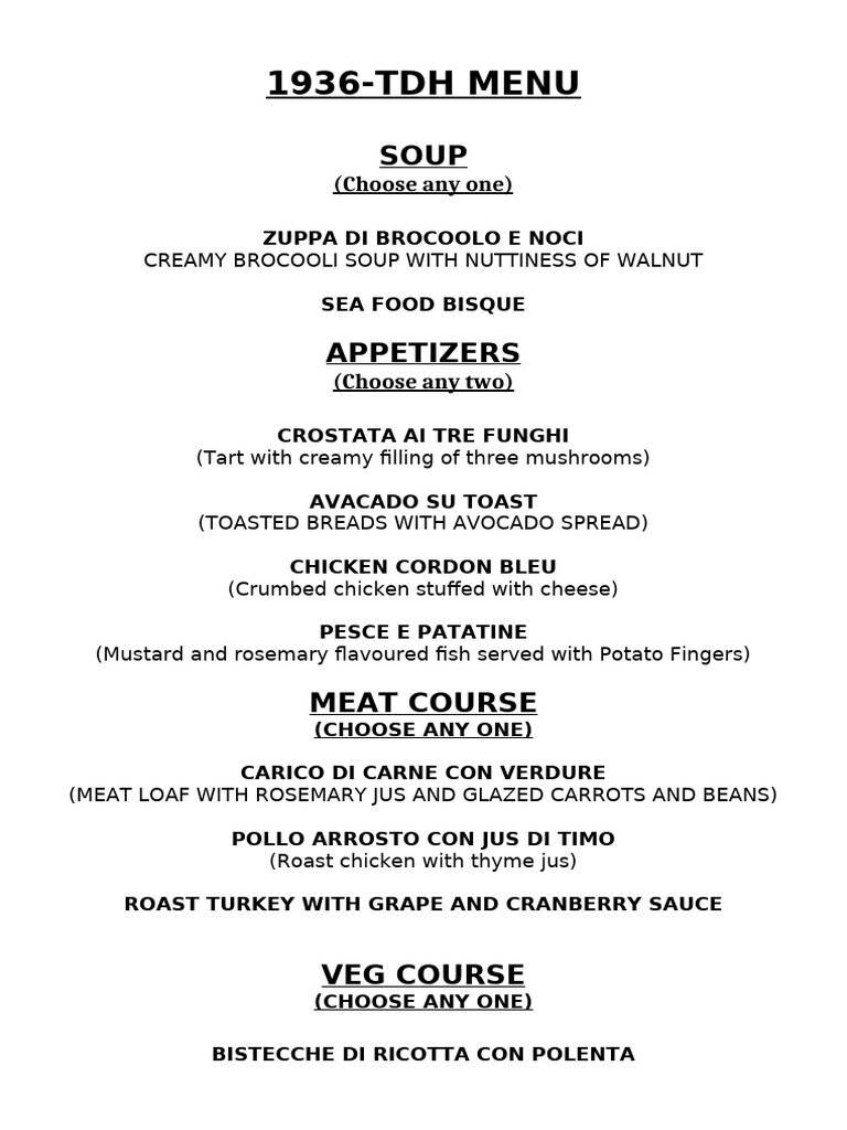 1936 TDH Menu: Soup, Appetizers, & More | PDF
