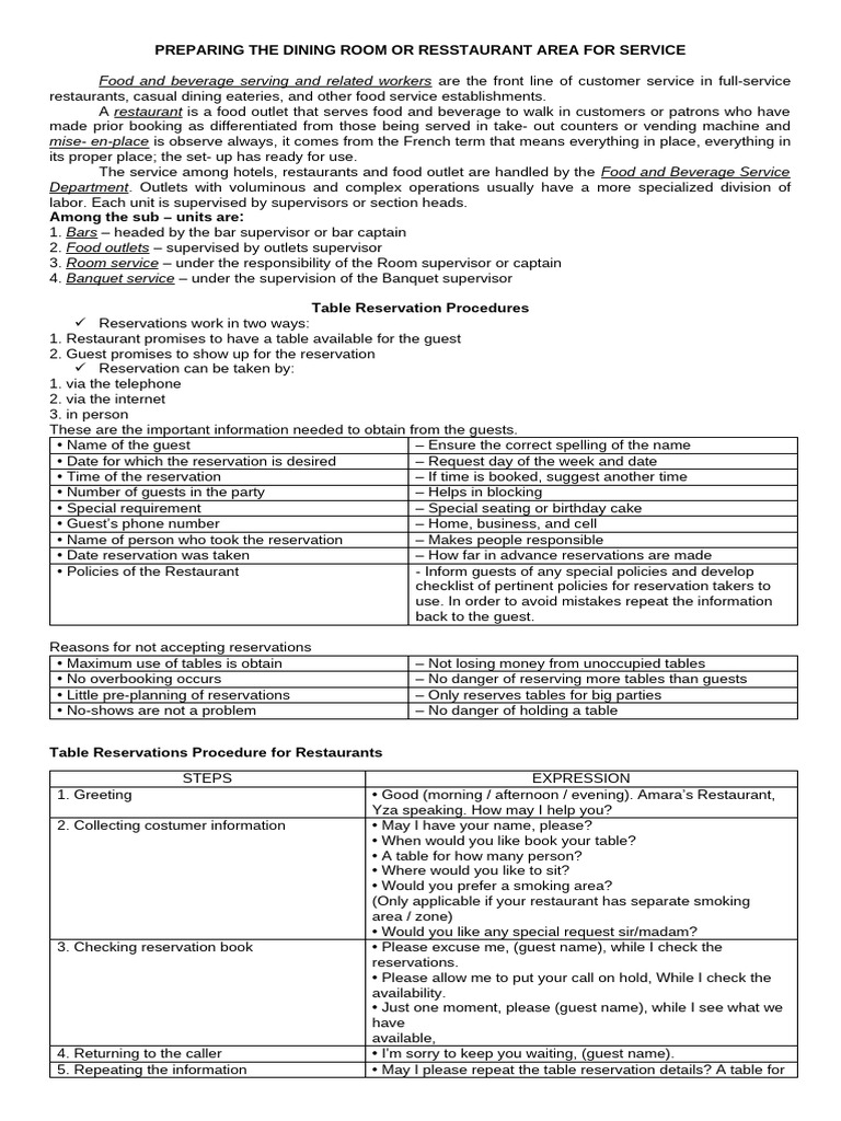 Preparing The Dining Room or Restaurant Area For Service | PDF ...