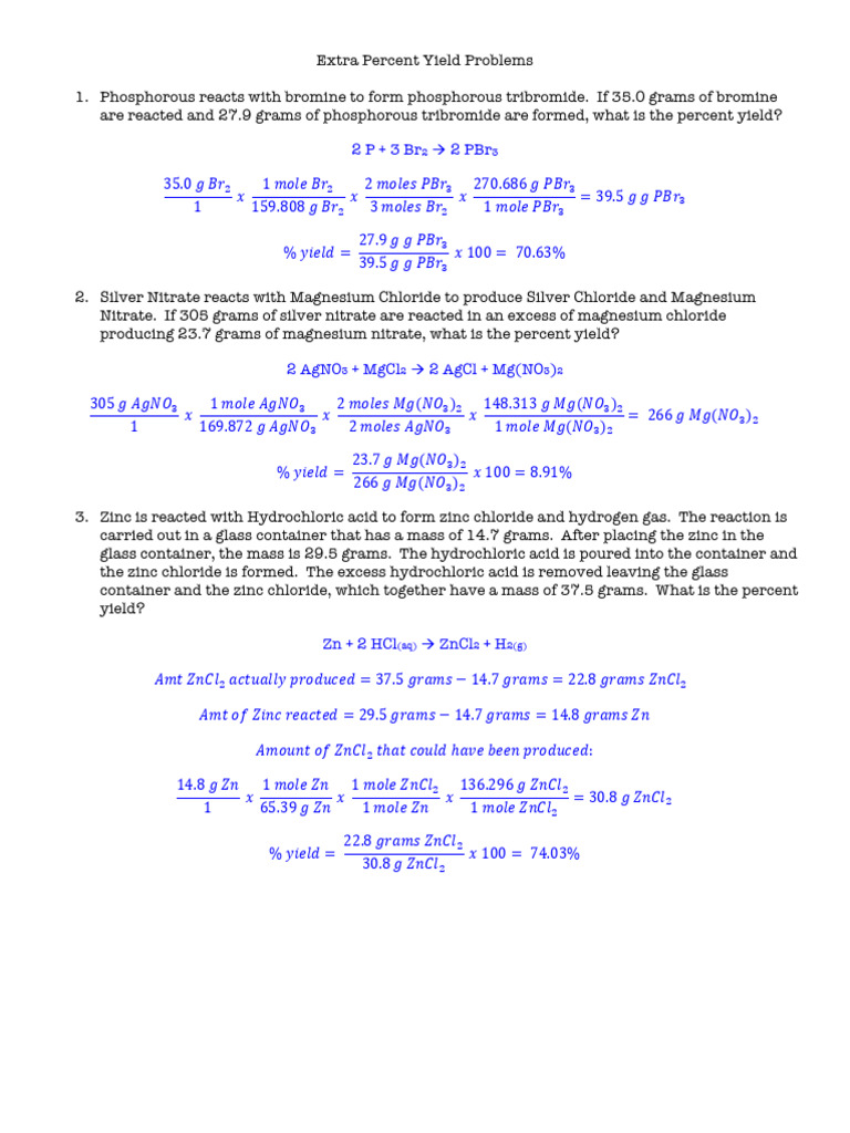 Percent Yield Calculations in Reactions | PDF | Magnesium | Chemical ...
