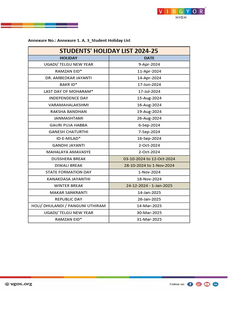 Student Holiday List 2024-25 | PDF