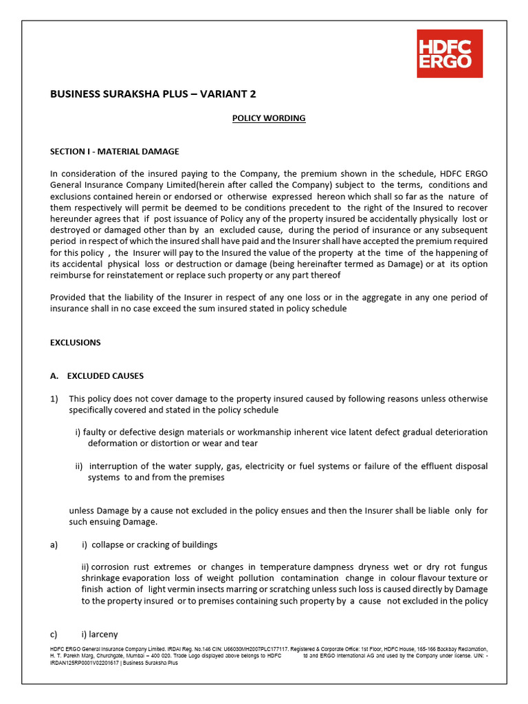 Business Suraksha Plus - Policy Wording Variant 4 | PDF | Insurance ...