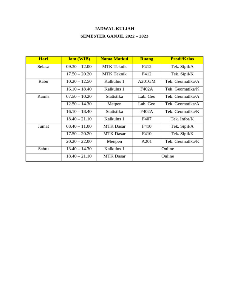 JADWAL KULIAH | PDF