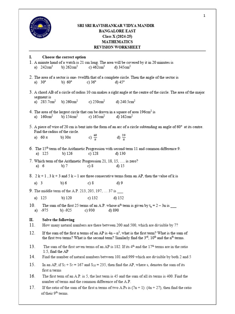 Class X Mathematics Revision Worksheet | PDF | Area | Circle