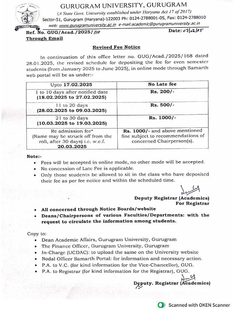 Revised Fee Submission Notice in Respect of Existing Even Semester ...
