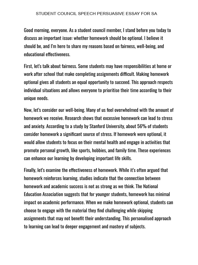 Student Council Speech Persuasive Essay For Sa | PDF