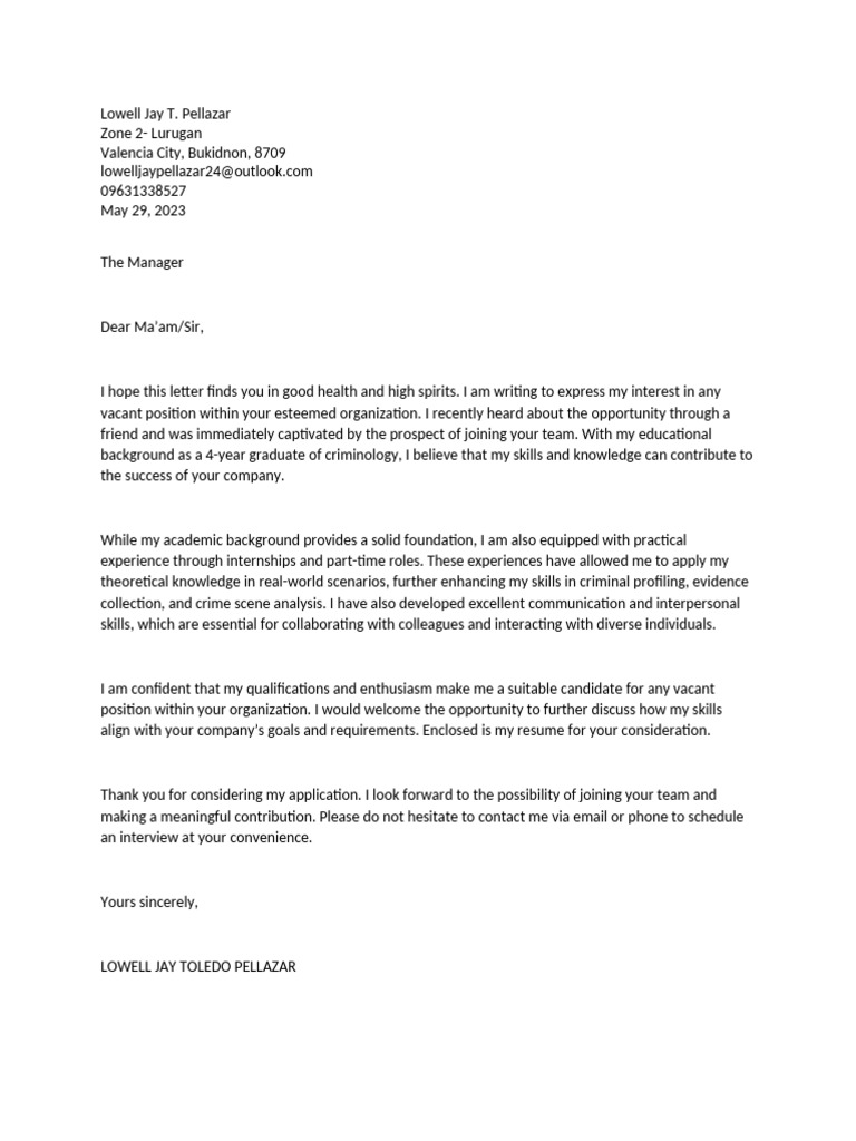 Job Application from Lowell Jay Pellazar | PDF