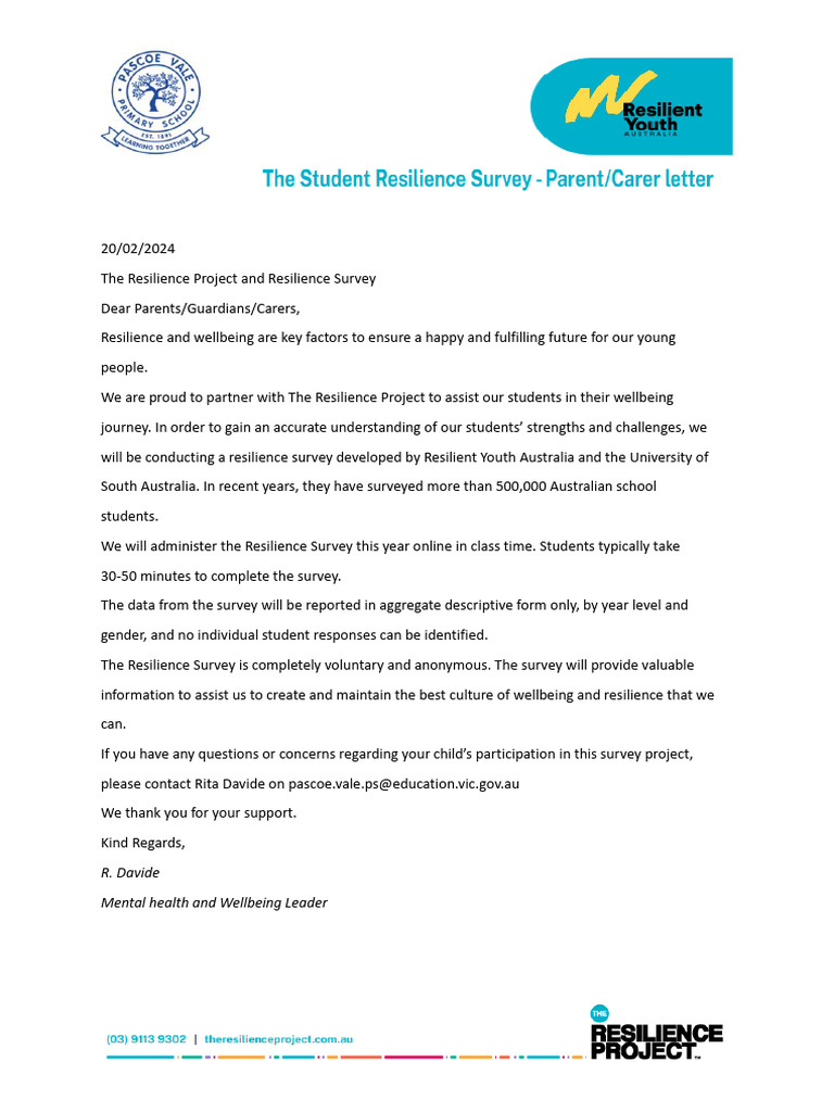 The Student Resilience Survey - ParentCarer Letter | PDF