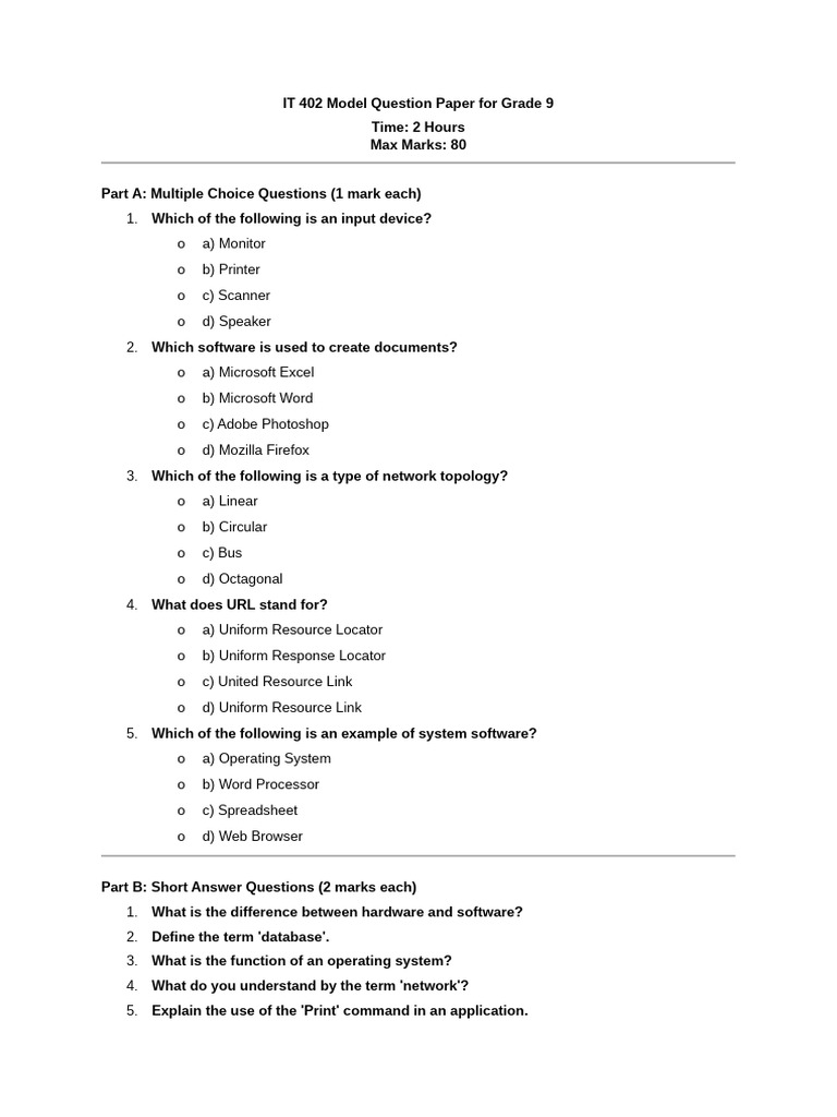 IT Model Question Paper For Grade 9 Set-2 | PDF | Computer Network | Operating System