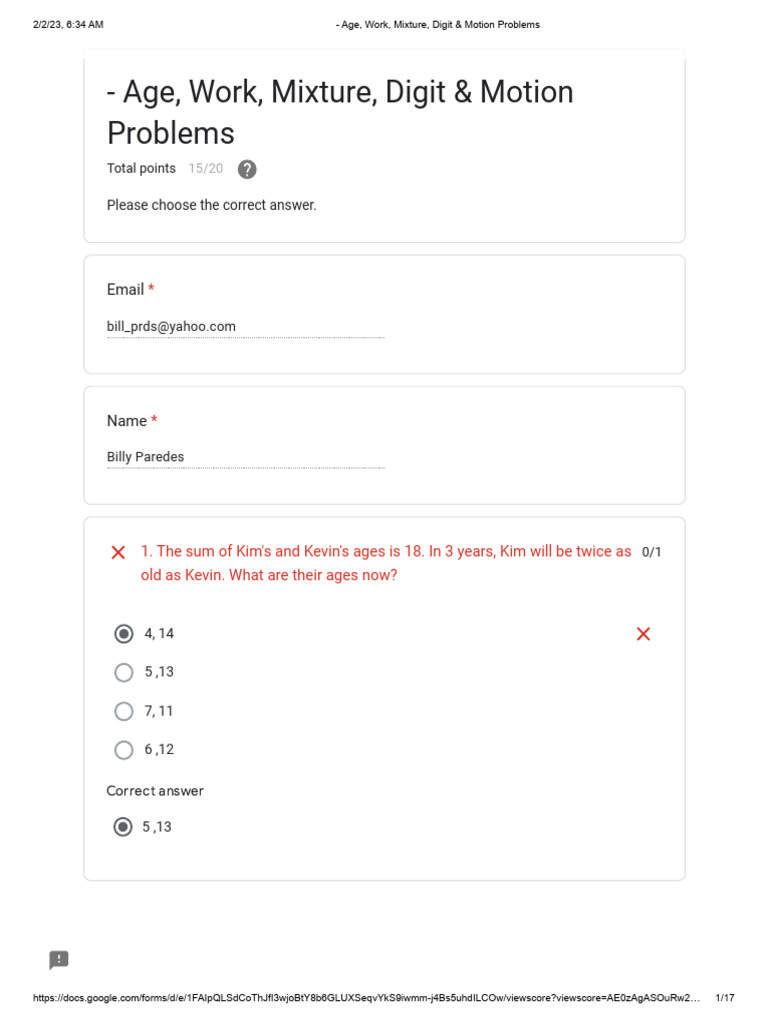 Age, Work, Mixture, Digit & Motion Problems | PDF | Speed