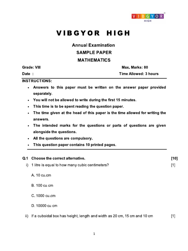 Annexure 1. A. 37 VH - Cbse - GR 8 - Mathematics Sample QP | PDF