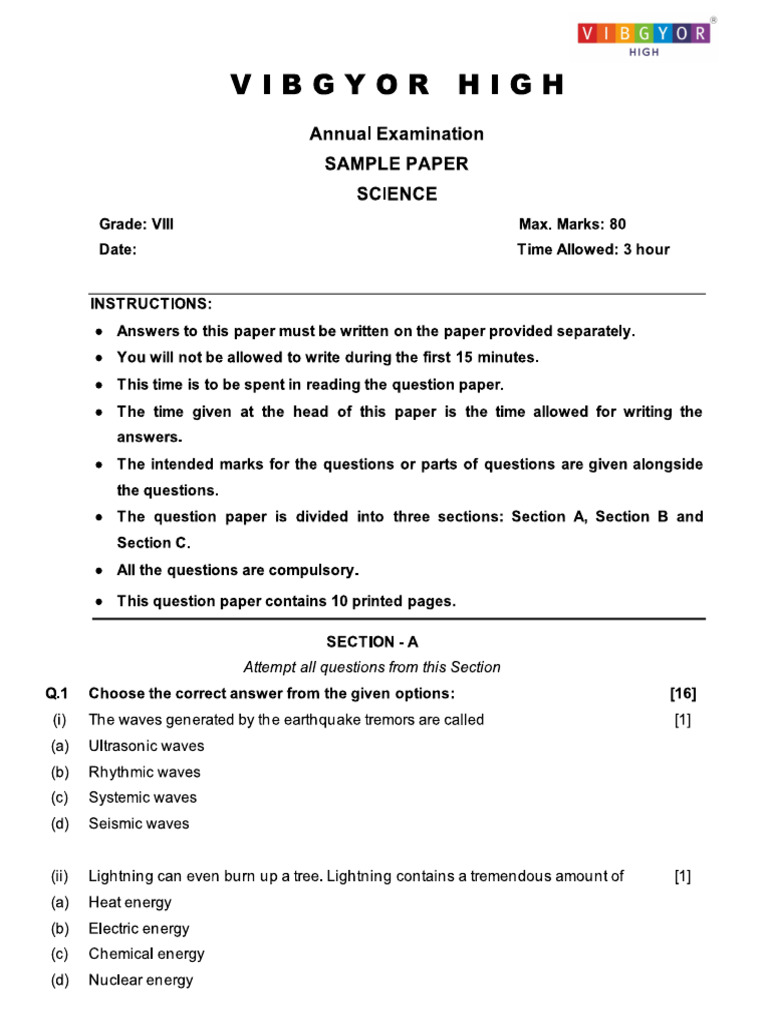 Annexure 1. a. 40 Vh Cbse Gr 8 Science Sample Qp (1) | PDF