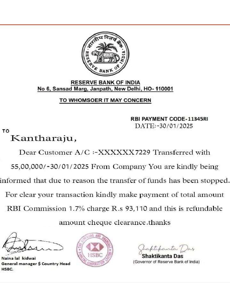 Kantharaju Rbi Commission Letter | PDF