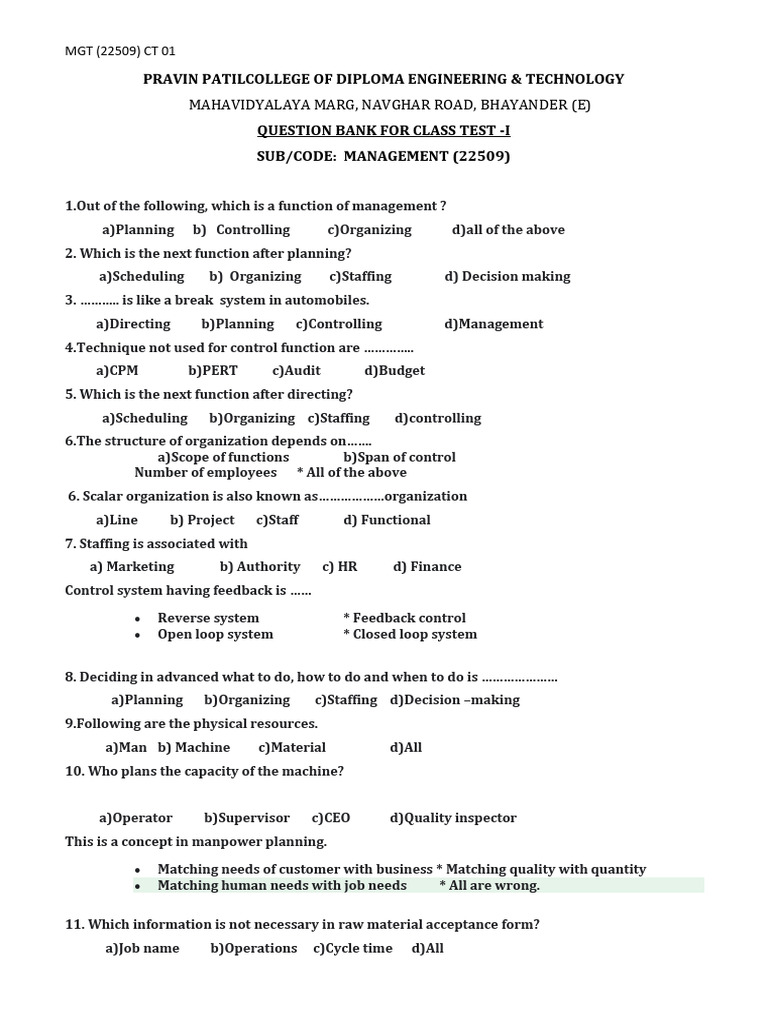 Mgt CT 1 Question Bank | PDF | Business