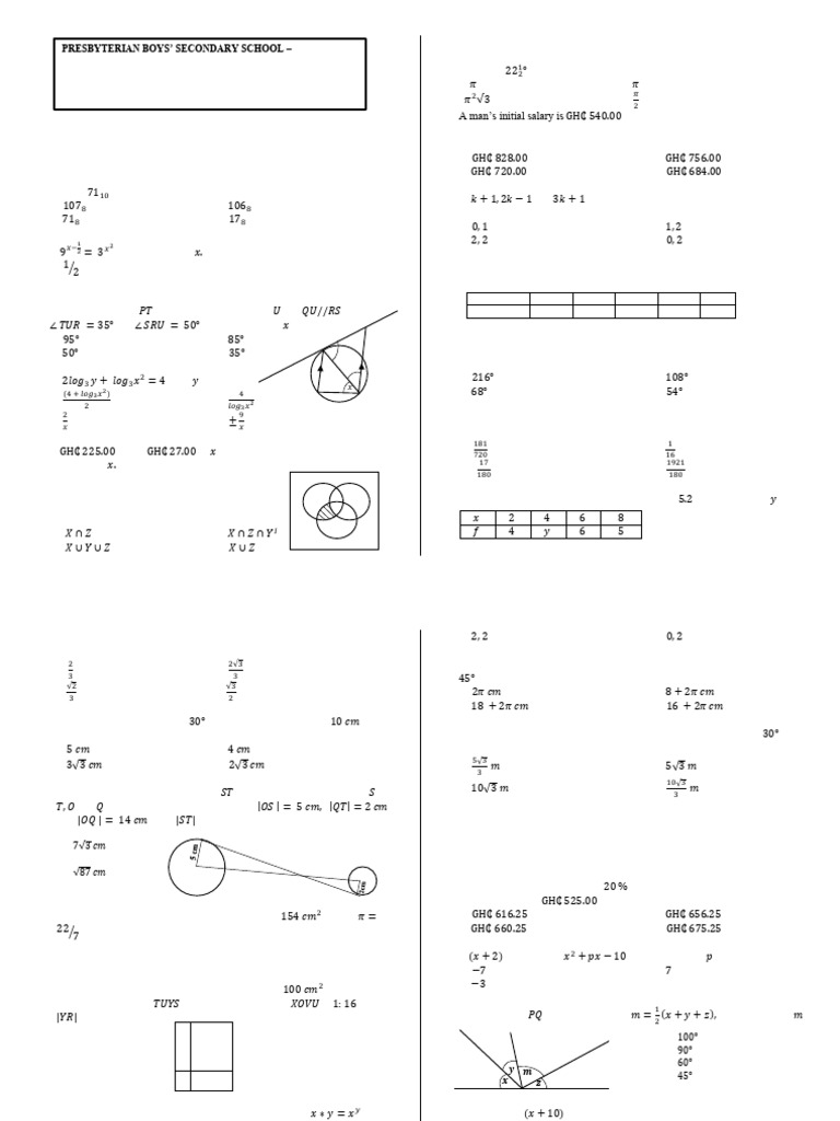 Presec SHS 3 Core Maths Mock Exams Objectivesf, May 2022 | PDF | Circle ...