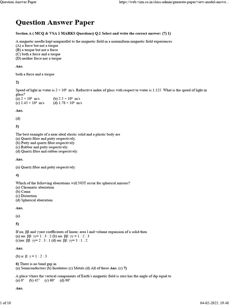 Physics Question Answer Paper | PDF | Doping (Semiconductor) | Semiconductors