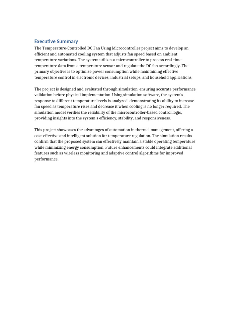 Temperature Controlled DC Fan Executive Summary | PDF