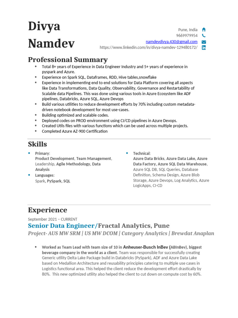 Divya Namdev Resume | PDF | Apache Hadoop | Apache Spark Divya Namdev Resume | PDF | Apache Hadoop | Apache Spark
