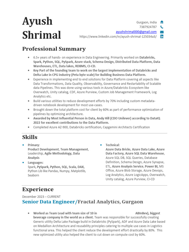 Ayush Shrimal 20241109 Resume | PDF | Apache Spark | Sql