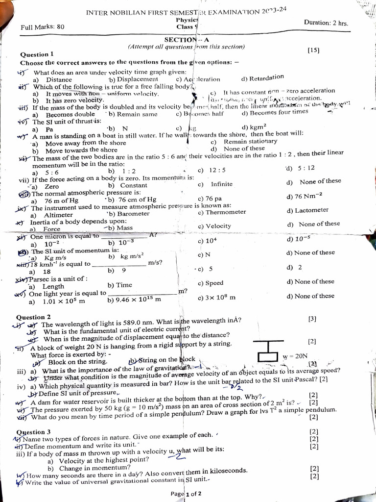 Class 9 Icse Sem 1 Question Paper 2023 | PDF | Force | Velocity