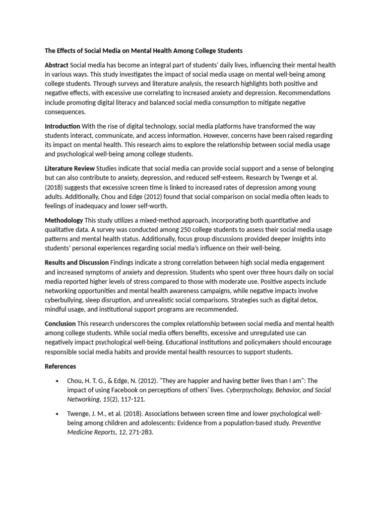 The Effects of Social Media On Mental Health Among College Students ...