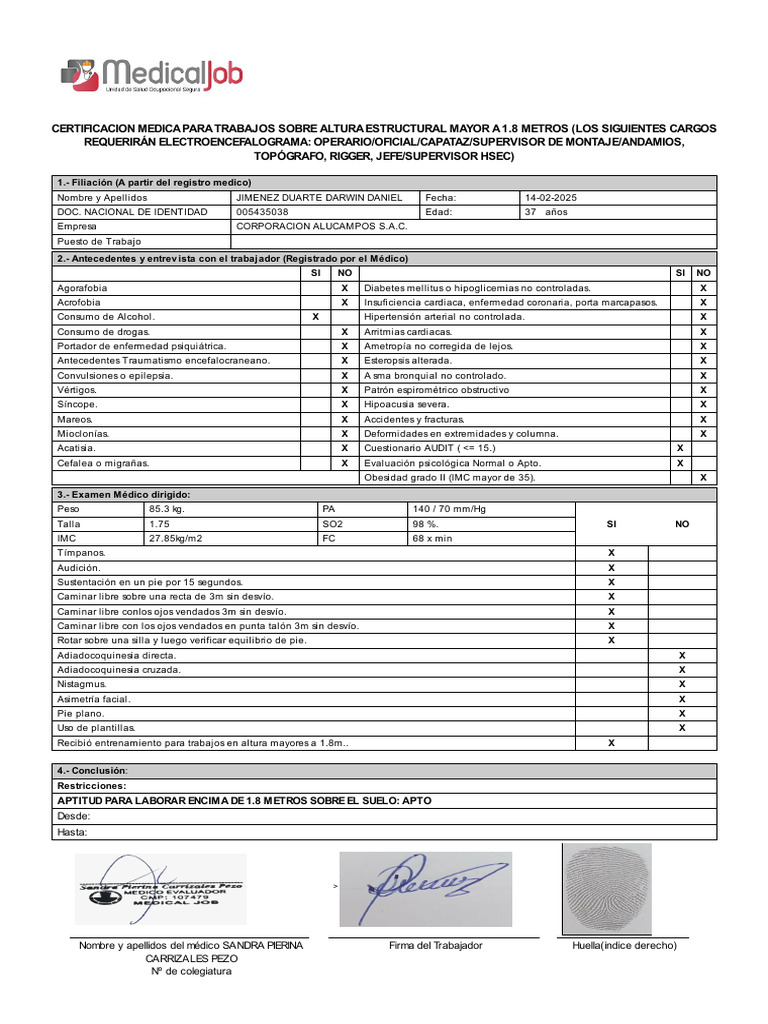 Certificado de Altura-Jimenez Duarte Darwin Daniel | PDF | Medicina ...