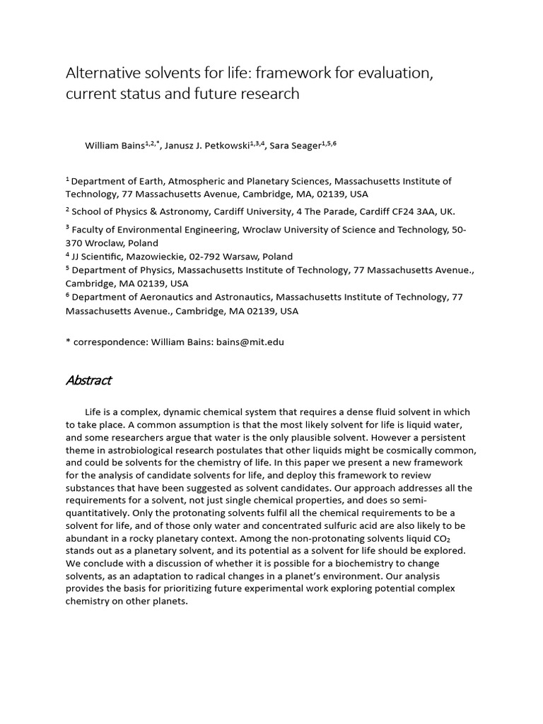 Alternative Solvents For Life: Framework For Evaluation, Current Status ...