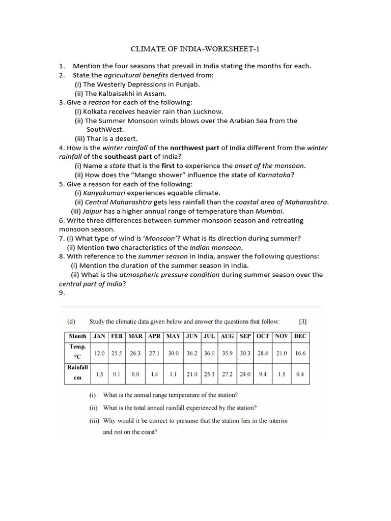 India Climate Worksheet: Seasons & Monsoons | PDF