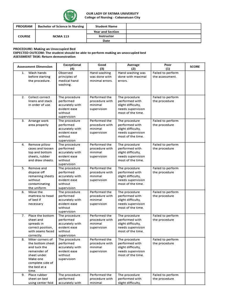 NCMA113 Unoccupied Bedmaking Rubrics | PDF