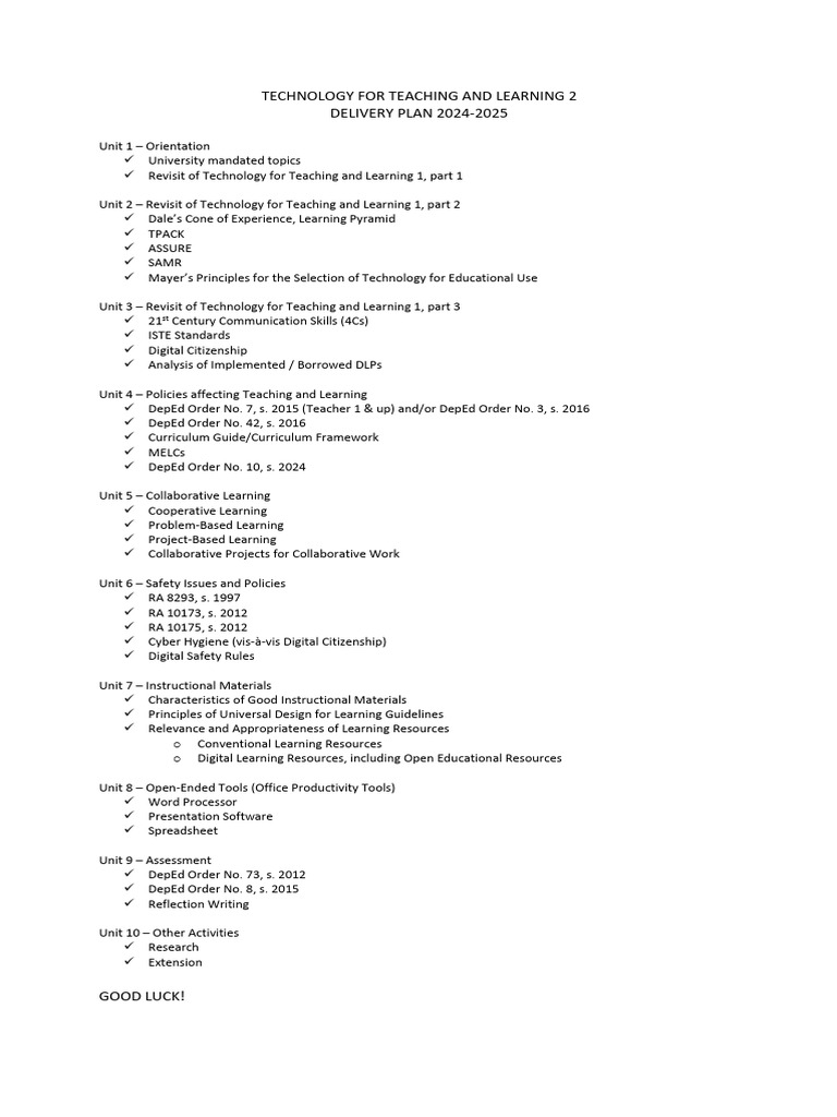 TTL2 Delivery Plan Topics | PDF