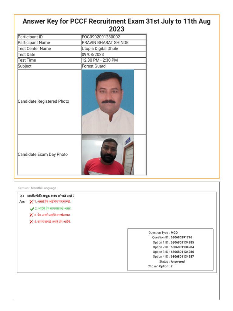 Answer Key For PCCF Recruitment Exam 31st July To 11th Aug 2023 | PDF