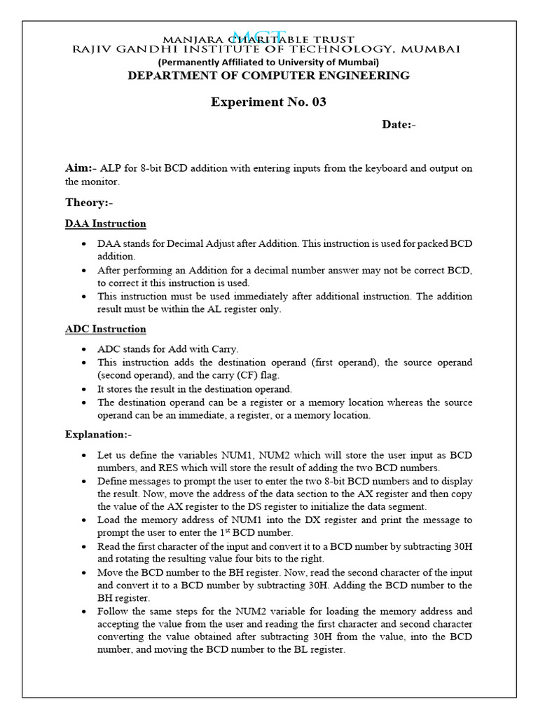 8-bit BCD Addition ALP Guide | PDF | Binary Coded Decimal | Bit