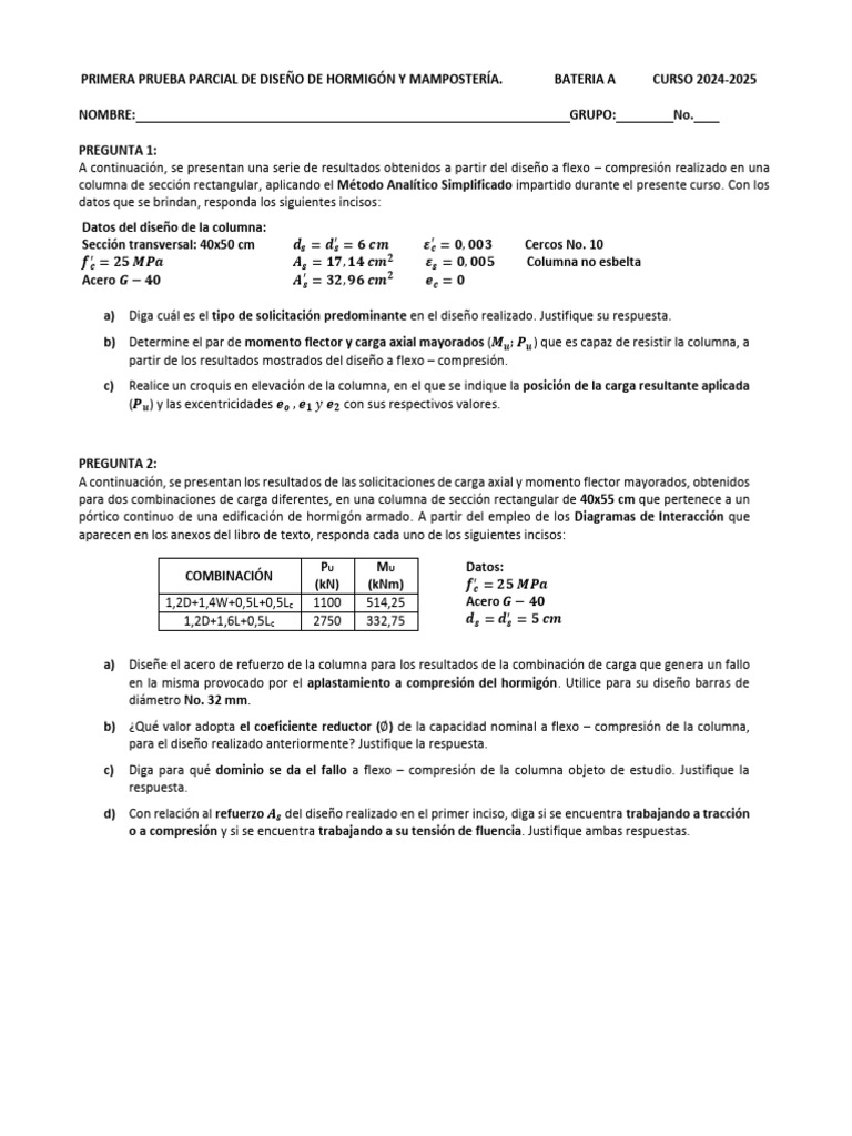 Examen Diseño de Hormigón 2024-2025 | PDF | Ciencias fisicas | Física Aplicada e Interdisciplinaria