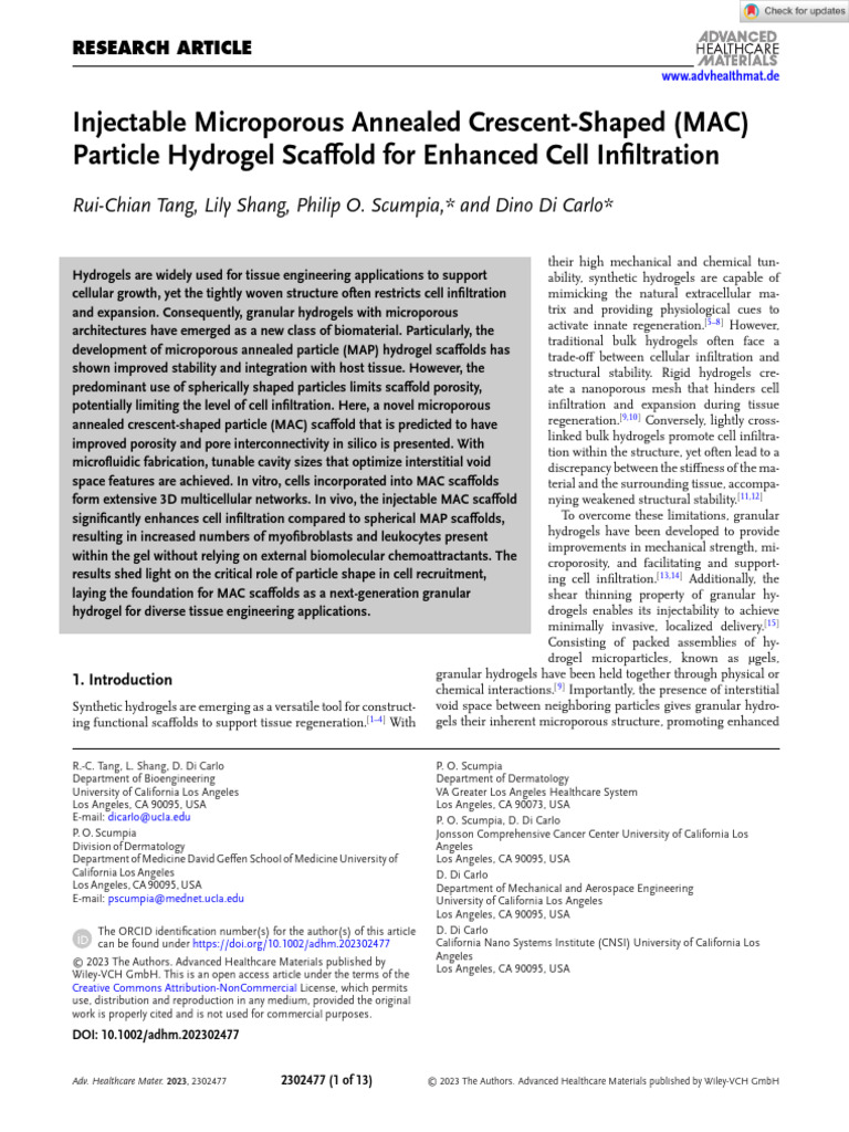 Injectable Microporous Annealed Crescent-Shaped (MAC) Particle Hydrogel Scaffold For Enhanced ...