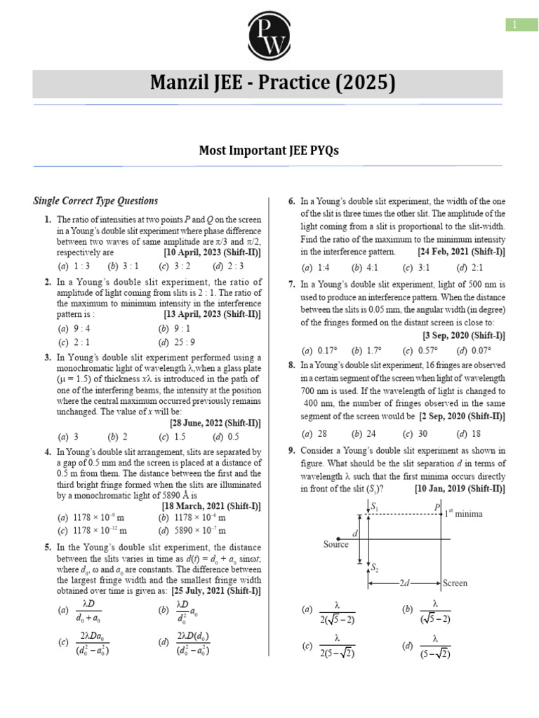 Wave Optics - PYQ Sheet (Questions) - Manzil JEE 2025 | PDF | Wavelength | Diffraction